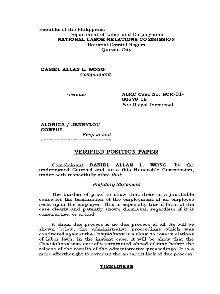 Position Paper Wong Vs Alorica (NTC Edit) 13 February 2019 | PDF ...
