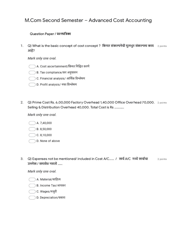 M.Com Second Semester – Advanced Cost Accounting MCQ | PDF | Debits And Credits | Cost Accounting