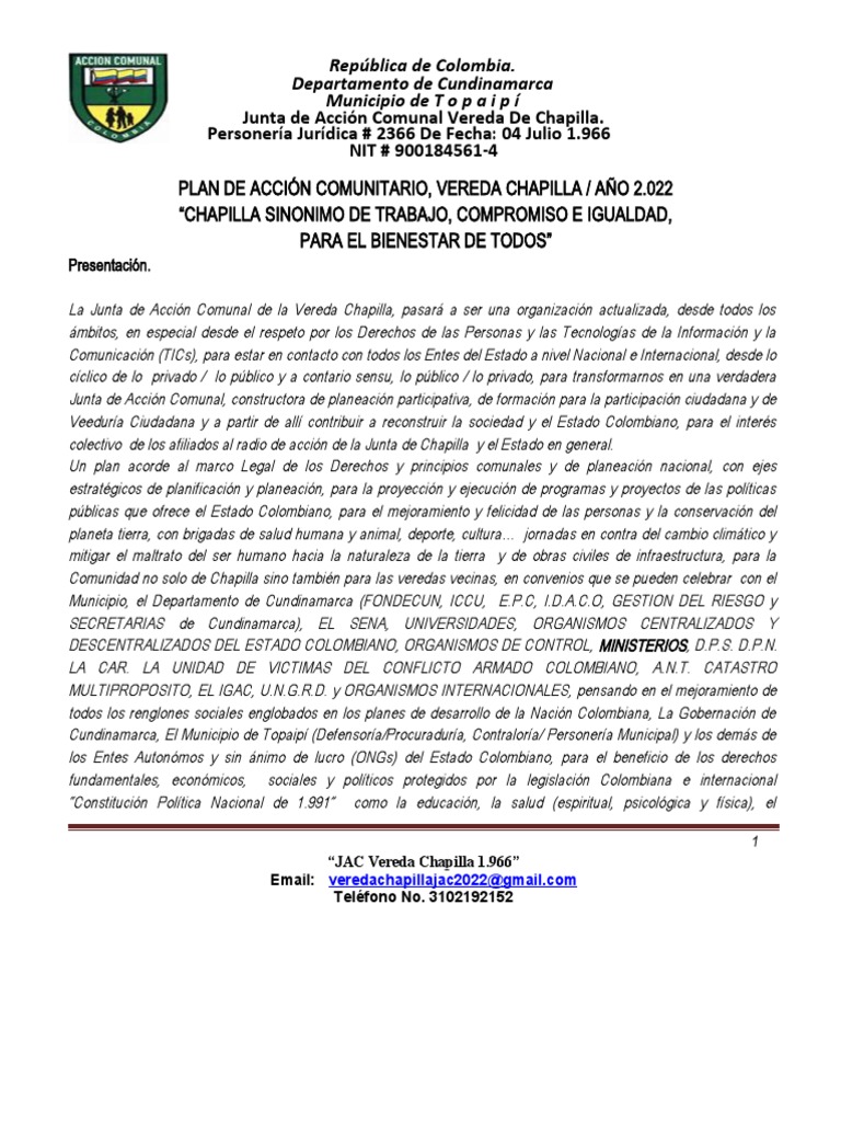 2plan de Accion Comunal Jac Chapilla 2022 | PDF | Colombia | Planificación