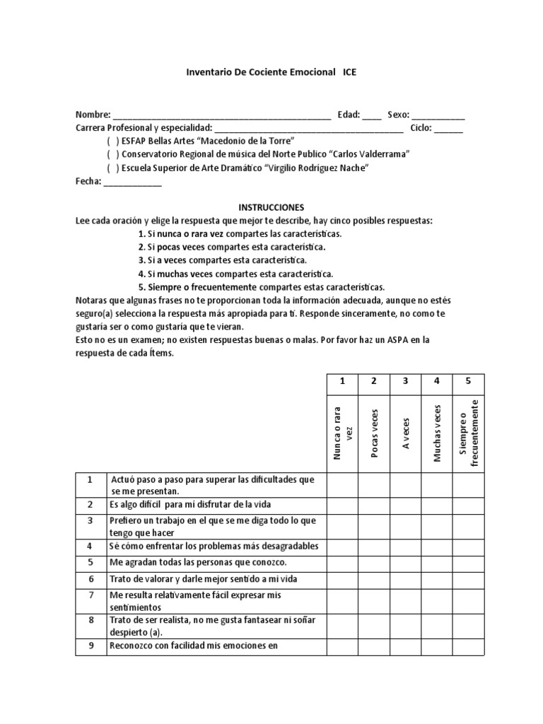 Inventario De Cociente Emocional ICE de Bar-on | PDF | Las emociones ...
