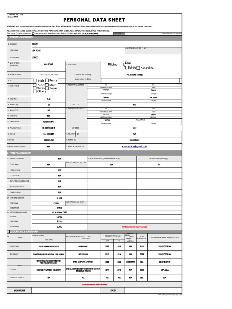 2 Copies Pds Cs Form No 212 Lea-1 | Download Free PDF | Teachers