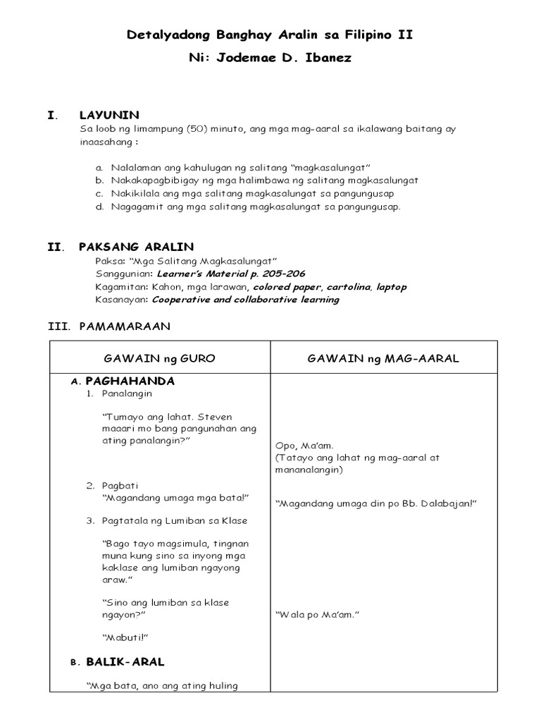 Banghay Aralin Sa Filipino II- Jodemae Ibanez | PDF
