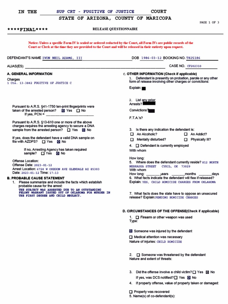 Ivon Neil Adams Form IV Redacted | PDF | Arrest Warrant | Arrest