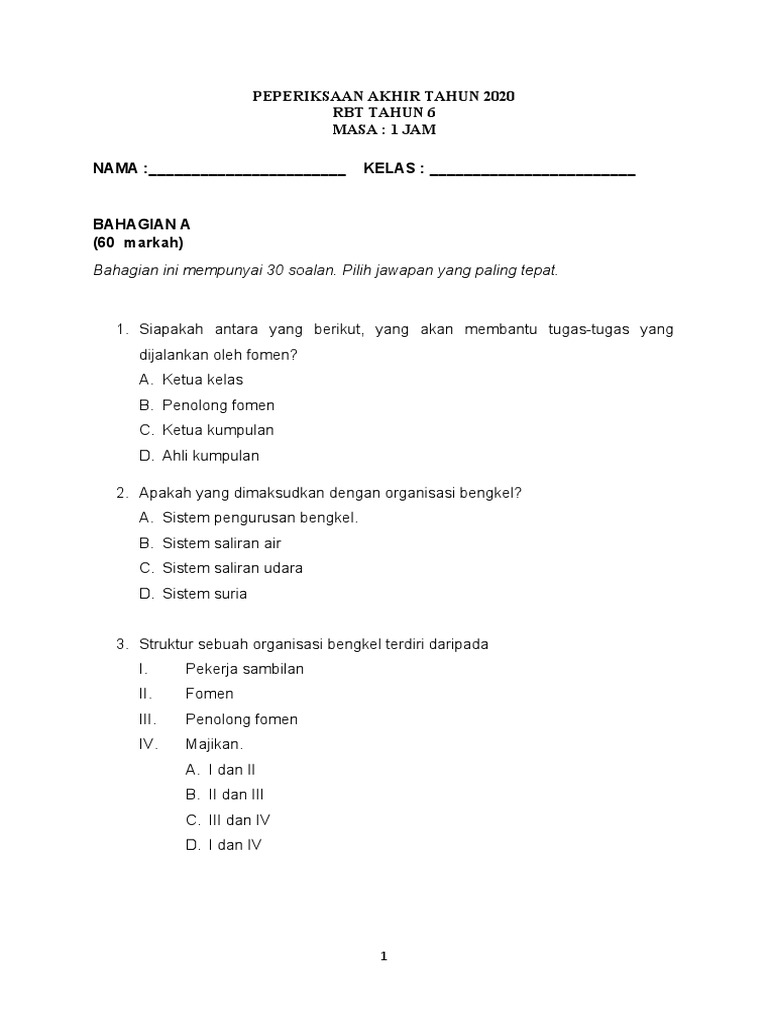 Soalan RBT Tahun 6 Akhir Tahun 2020 | PDF