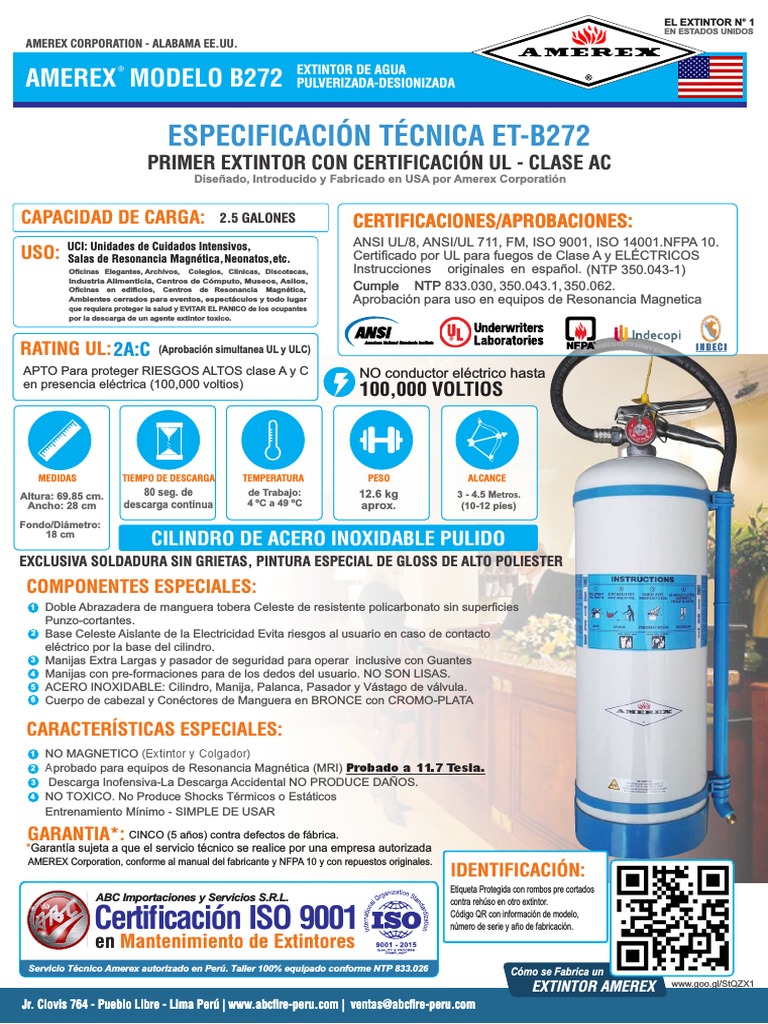 FICHA TECNICA EXT DE H20 DE 2.5 GLNS AMEREX (Agua Pulverizada) | PDF