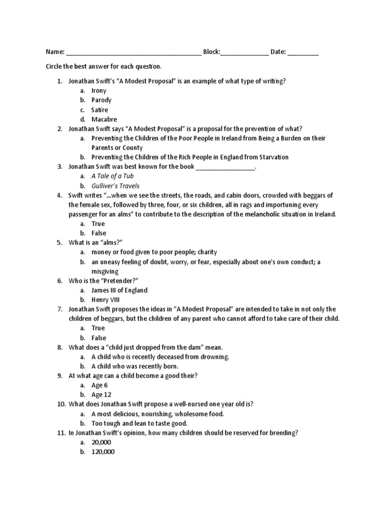 A Modest Proposal Test | Download Free PDF | Jonathan Swift