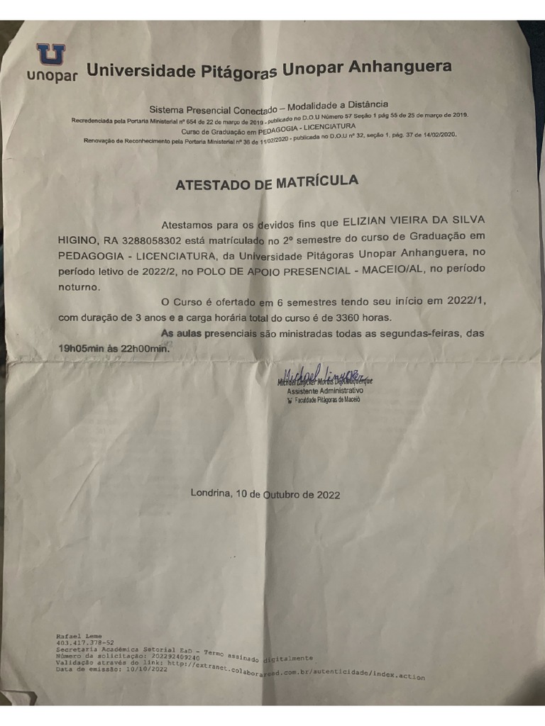 Declaração Unopar | PDF