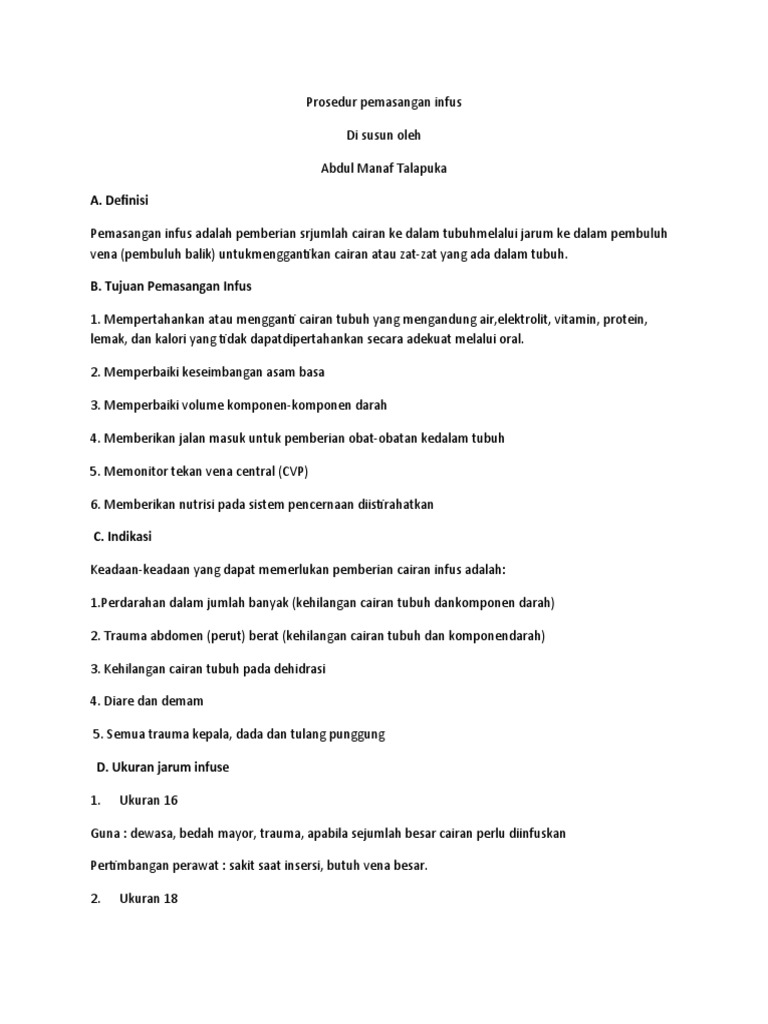 Prosedur Pemasangan Infus Medis | PDF