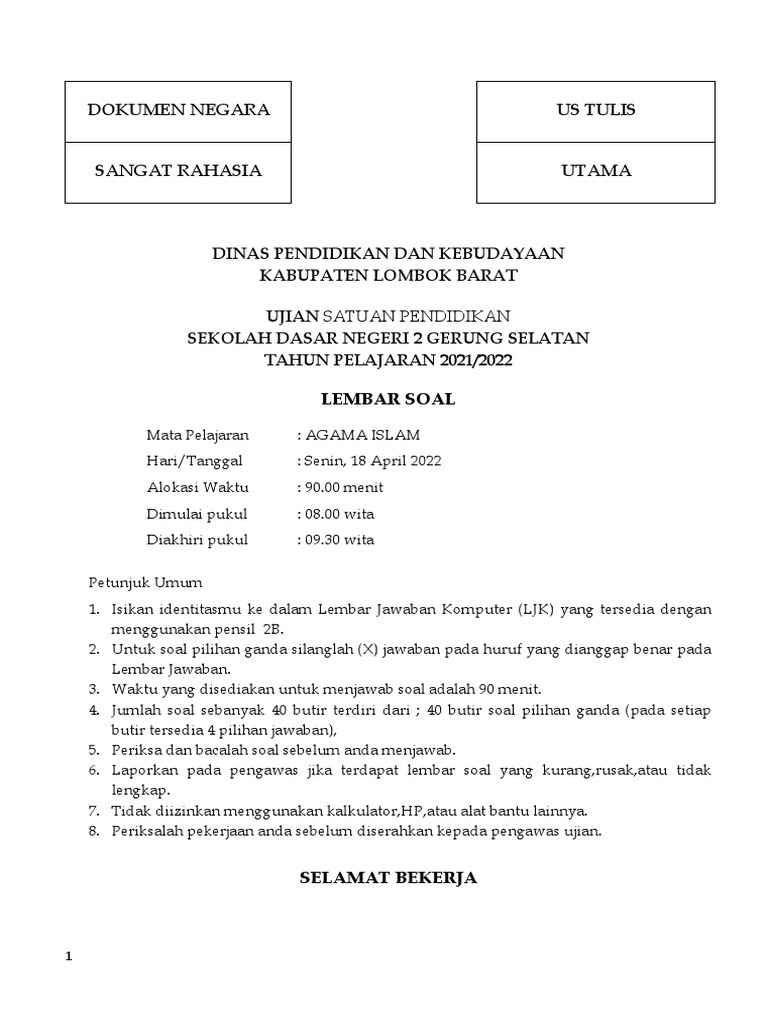 Agama Islam Soal Ujian SD | PDF