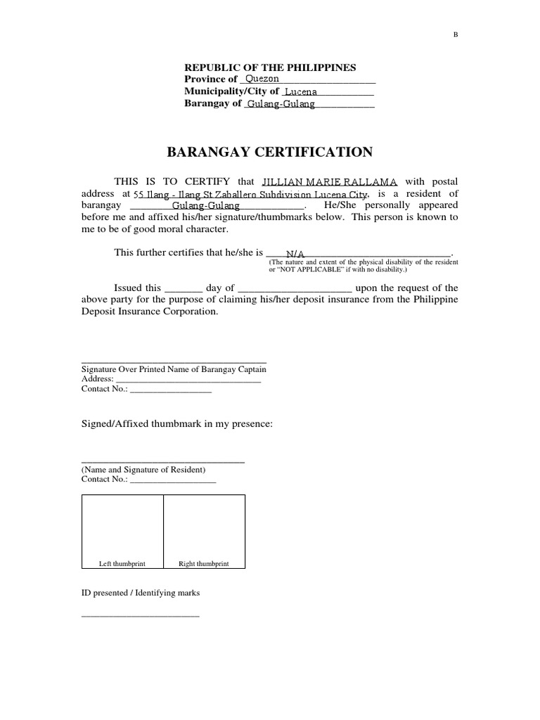 Barangay Certification GULANG-GULANG | PDF