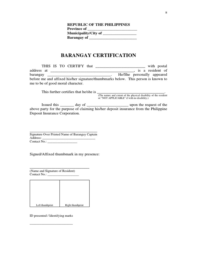 Barangay Certification Sample Template | PDF | Social Science