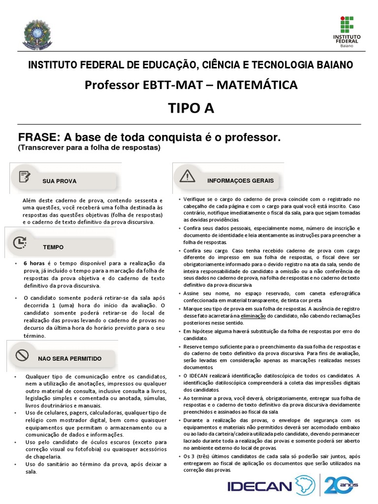 Idecan 2019 If Baiano Professor Matematica Prova | PDF | Desenvolvimento profissional | Ensino ...
