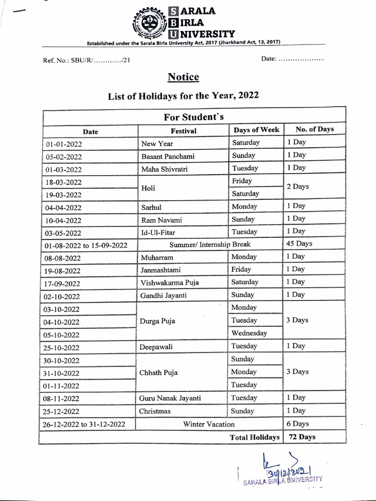 Holiday List | PDF