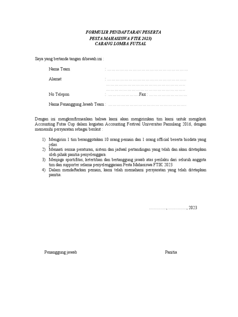 Formulir Pendaftaran Futsal PMF 2023 | PDF