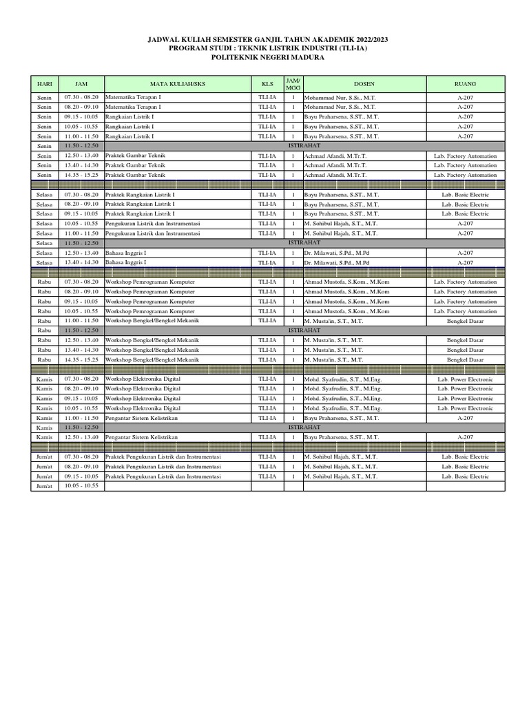 Jadwal Kuliah TLI Polinema | PDF