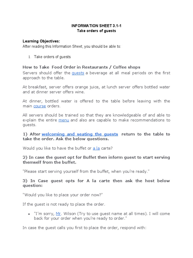 How to Take Guest Orders in Restaurants | PDF | Waiting Staff | Buffet
