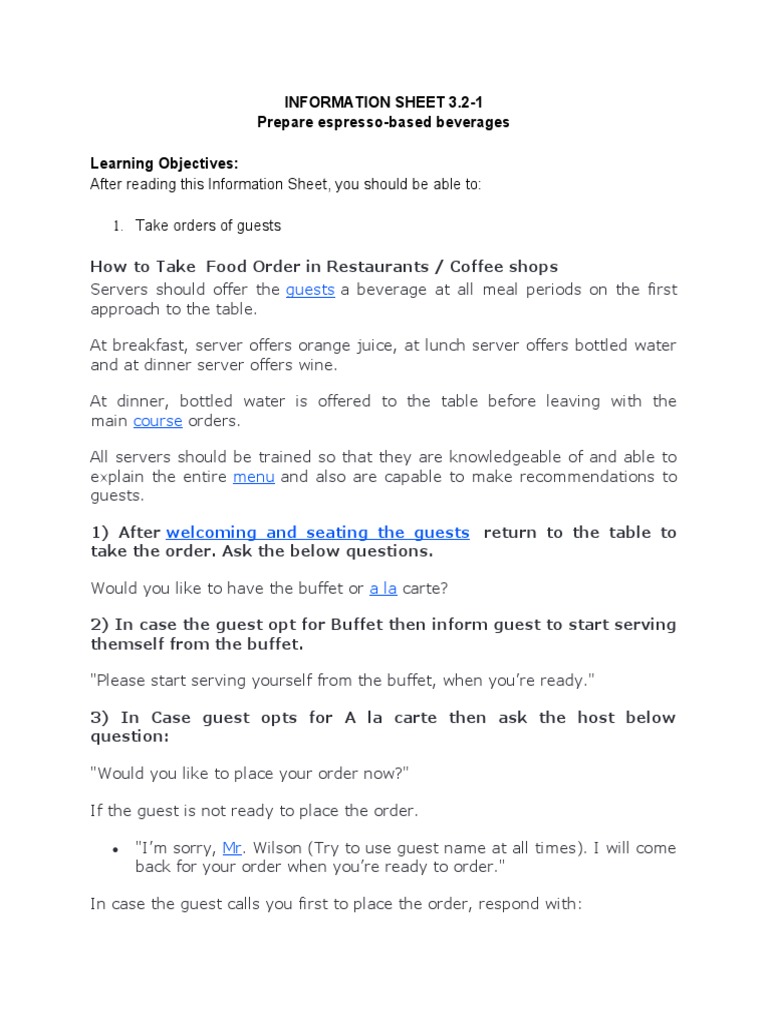 Espresso Beverage Order Guide | PDF | Waiting Staff | Buffet