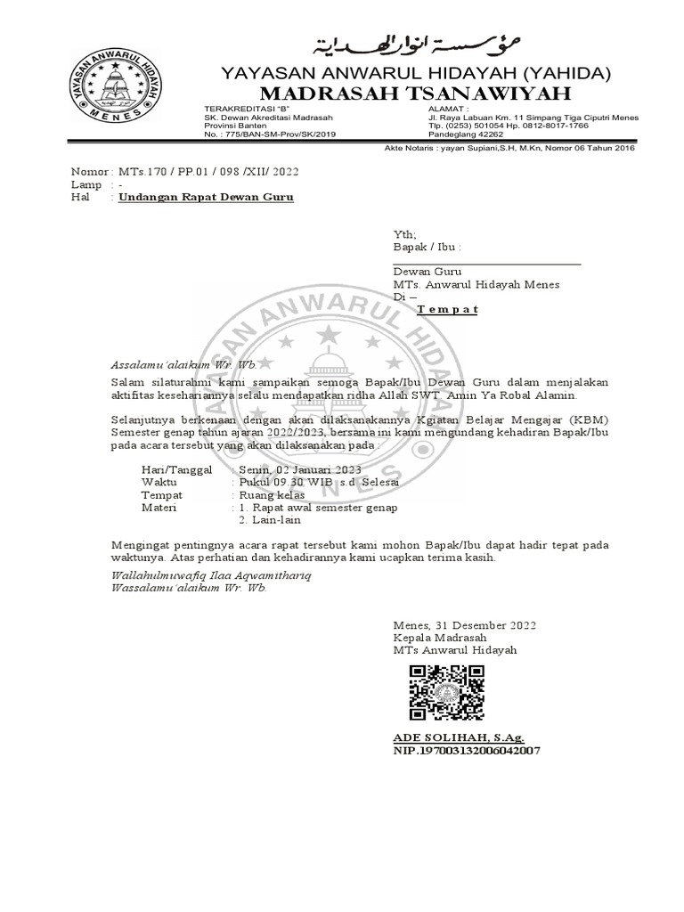 Surat Undangan Rapat Semester Genap | PDF