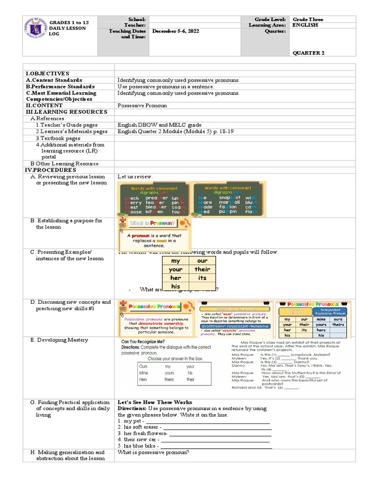DLP English Possessive Pronoun | PDF | Learning | Teachers