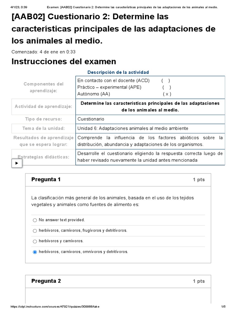 Examen - (AAB02) Cuestionario 2 - Determine Las Características Principales de Las Adaptaciones ...