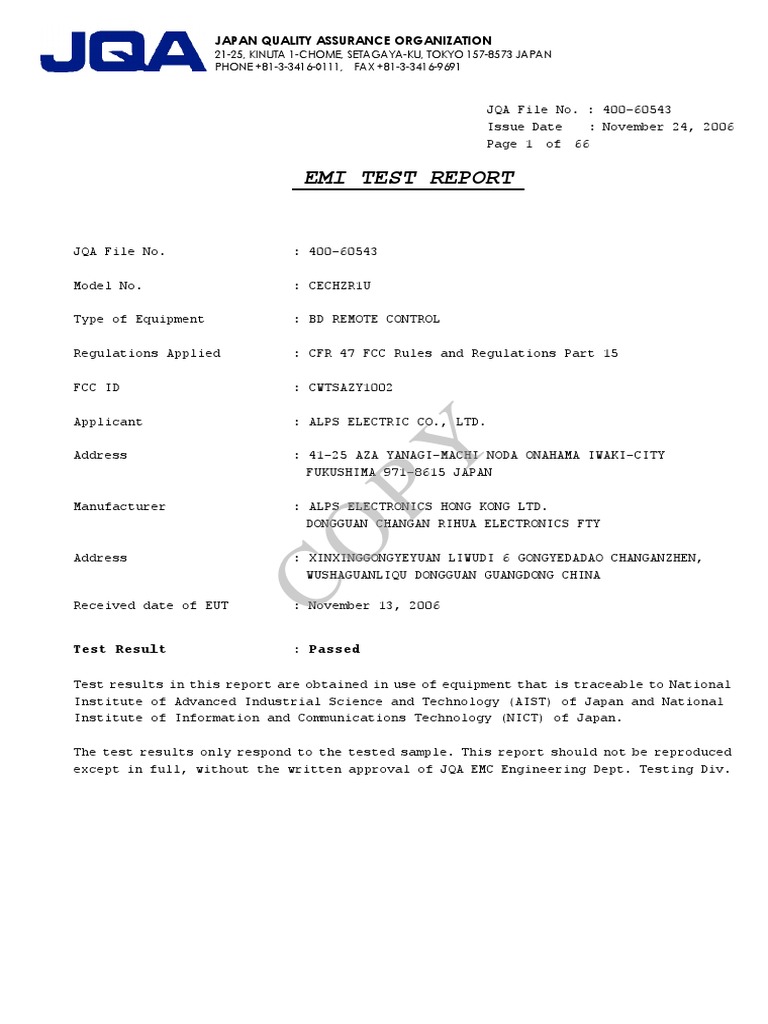 EMI Test Report for BD Remote | PDF | Electronic Engineering ...