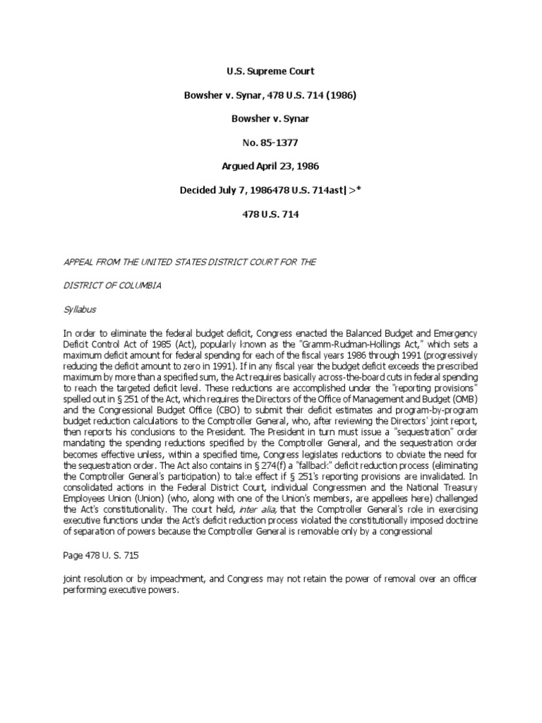Bowsher v. Synar, 478 US 714 | PDF | United States Congress | American ...
