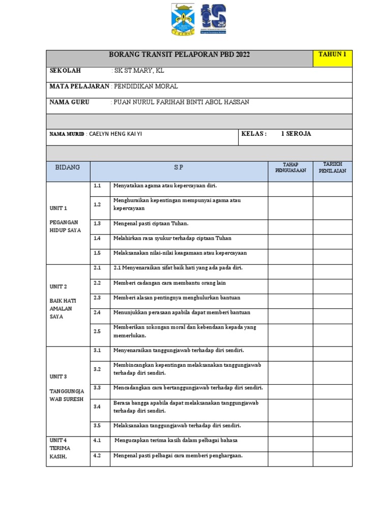 Borang Transit PBD Moral Tahun 1 2022-2023 | PDF