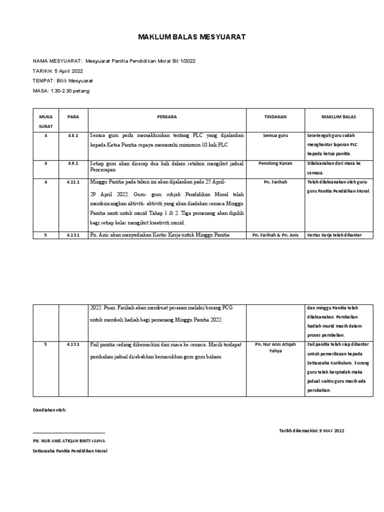 Maklum Balas Mesyuarat Pendidikan Moral 2 | PDF