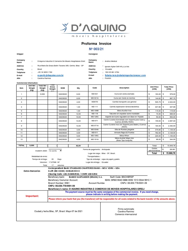 003 21 Proforma Invoice Andina Medical | PDF