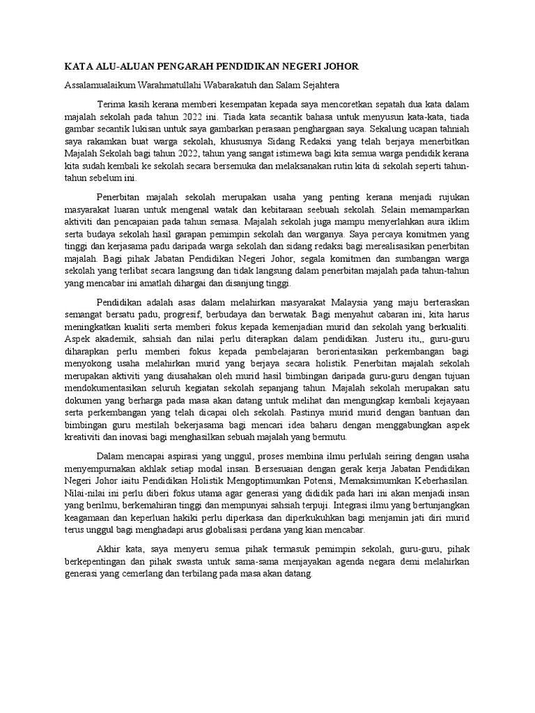 Kata Alu Aluan Ketua Pengarah JPN 2022 | PDF