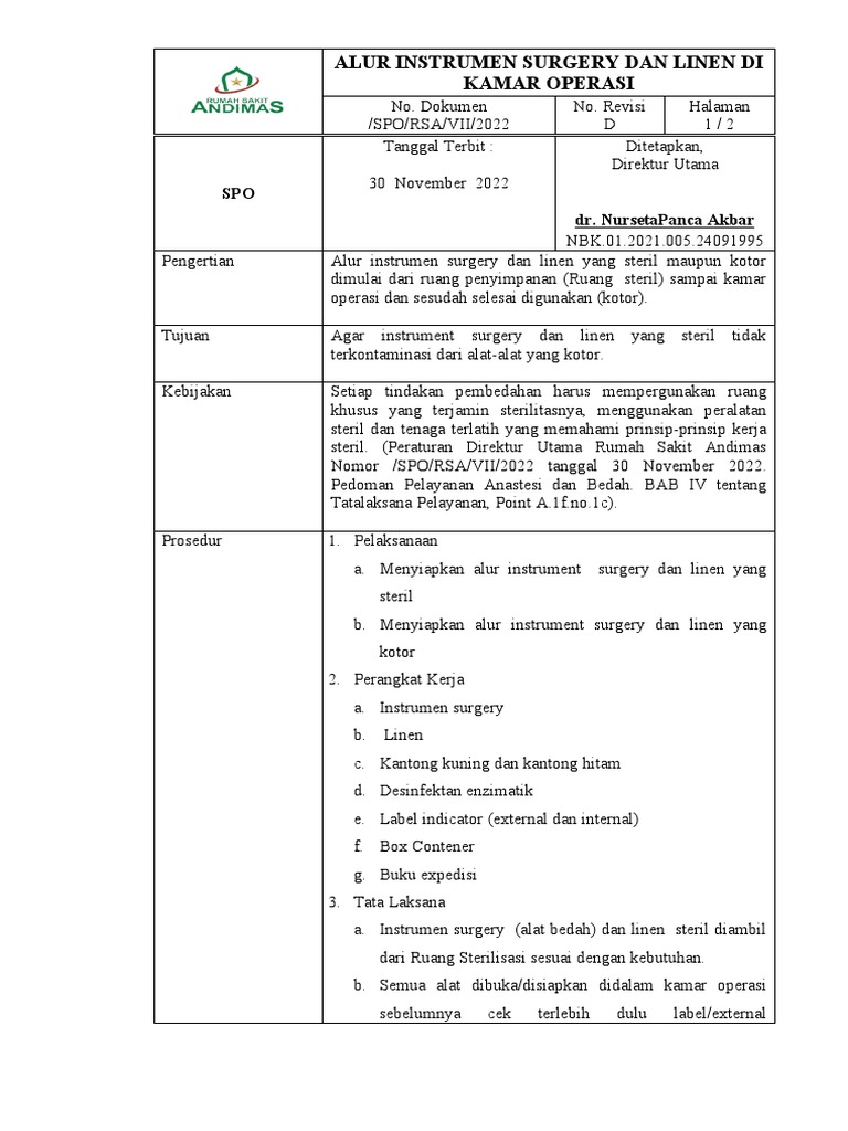 6.spo - Alur Instrumen Dan Linen Di Kamar Operasi | PDF