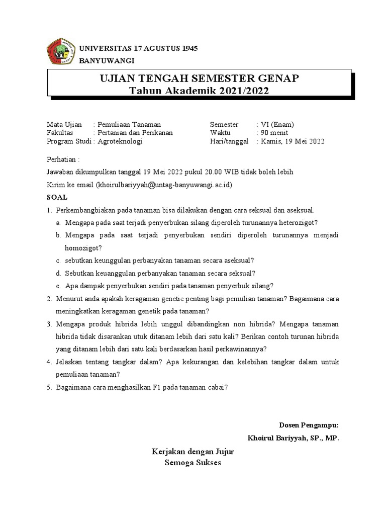 Beni Setiawan - 41181222 - UTS Pemuliaan Tanaman 2022 | PDF