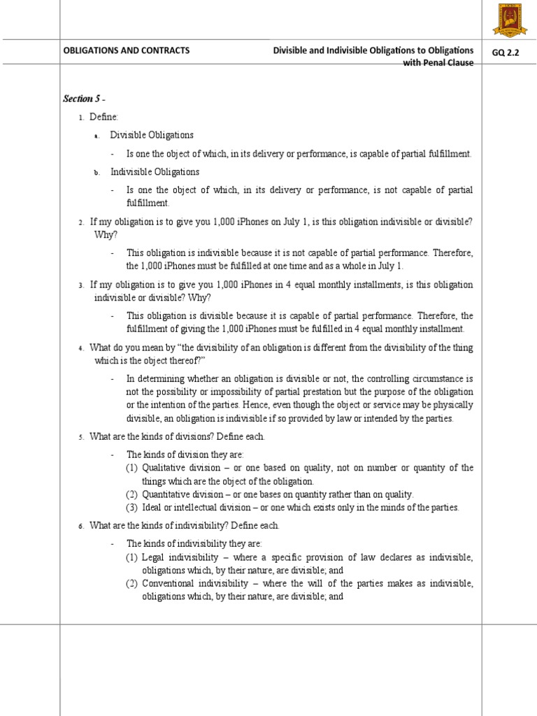 Divisible vs Indivisible Obligations Explained | PDF | Damages | Breach ...