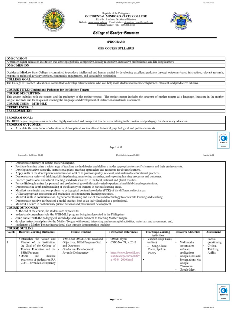 ContPed BEEd OMSC Form COL 13 OBE Syllabus Rev.02 | PDF | Teaching Method | Educational Assessment