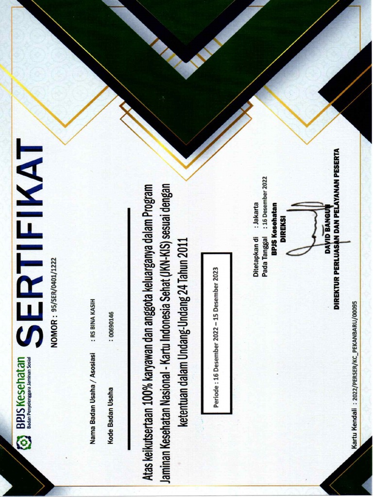 Sertifikat BPJS Kes S.D 15 Des 2023 | PDF