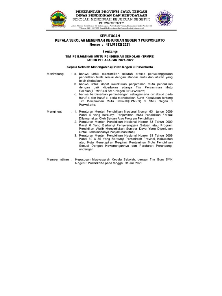 SK Tim Penjaminan Mutu Sekolah 1 | PDF
