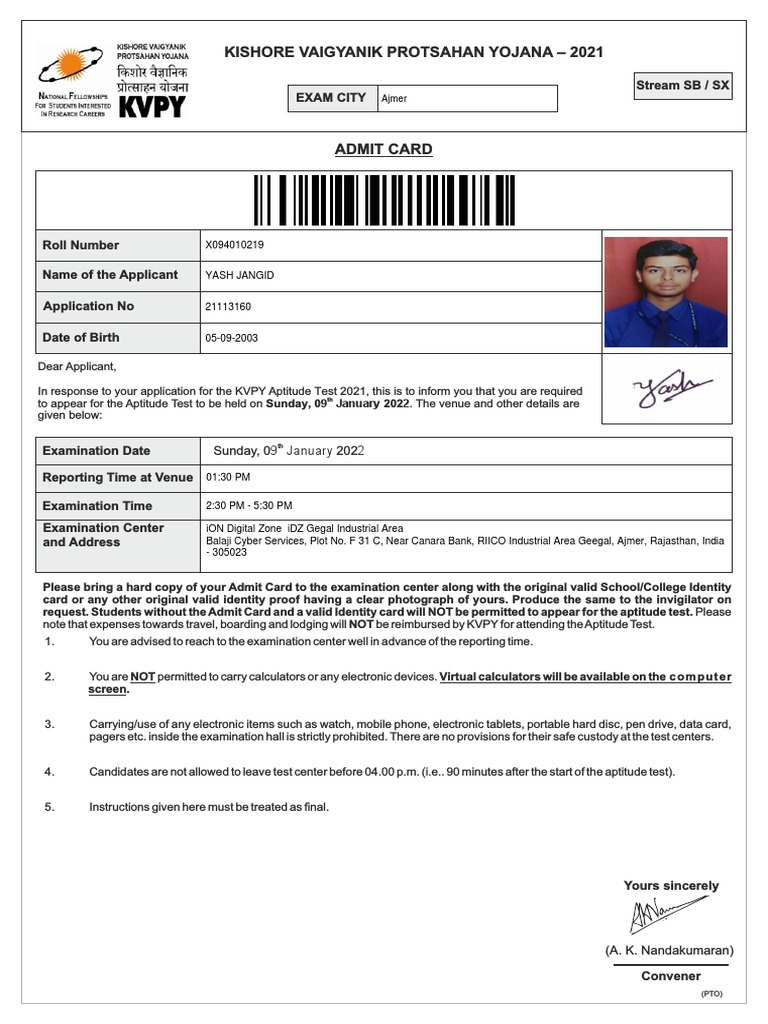 KVPY Admit Card | PDF | Test (Assessment)