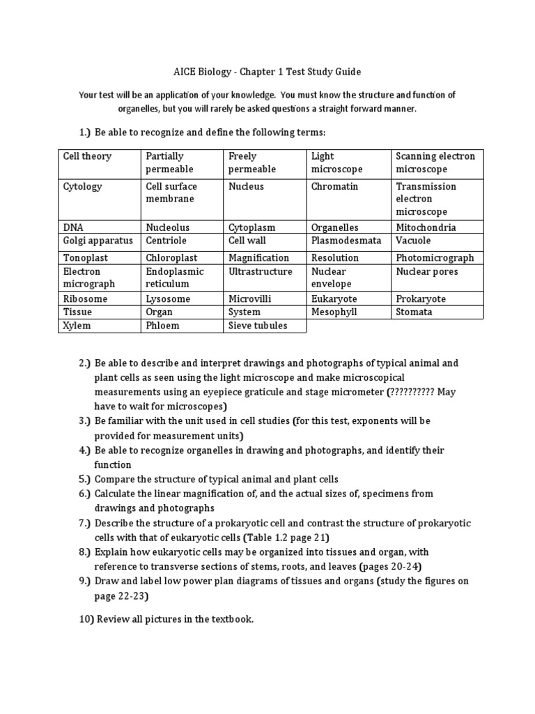 Chapter 1 Study Guide | PDF | Cell (Biology) | Organelle