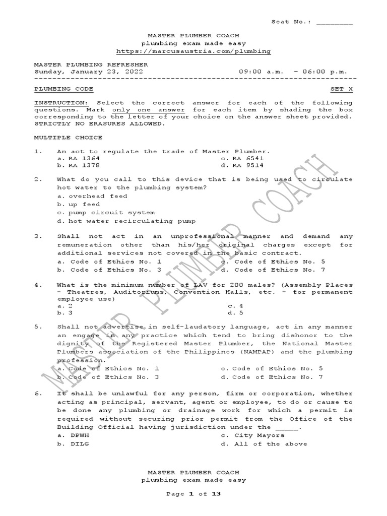 Plumbing Code Refresher Set X | PDF | Plumbing | Sanitary Sewer