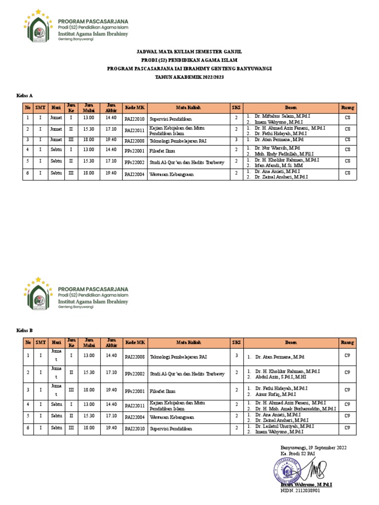 Jadwal Mata Kuliah Semester Ganjil | PDF