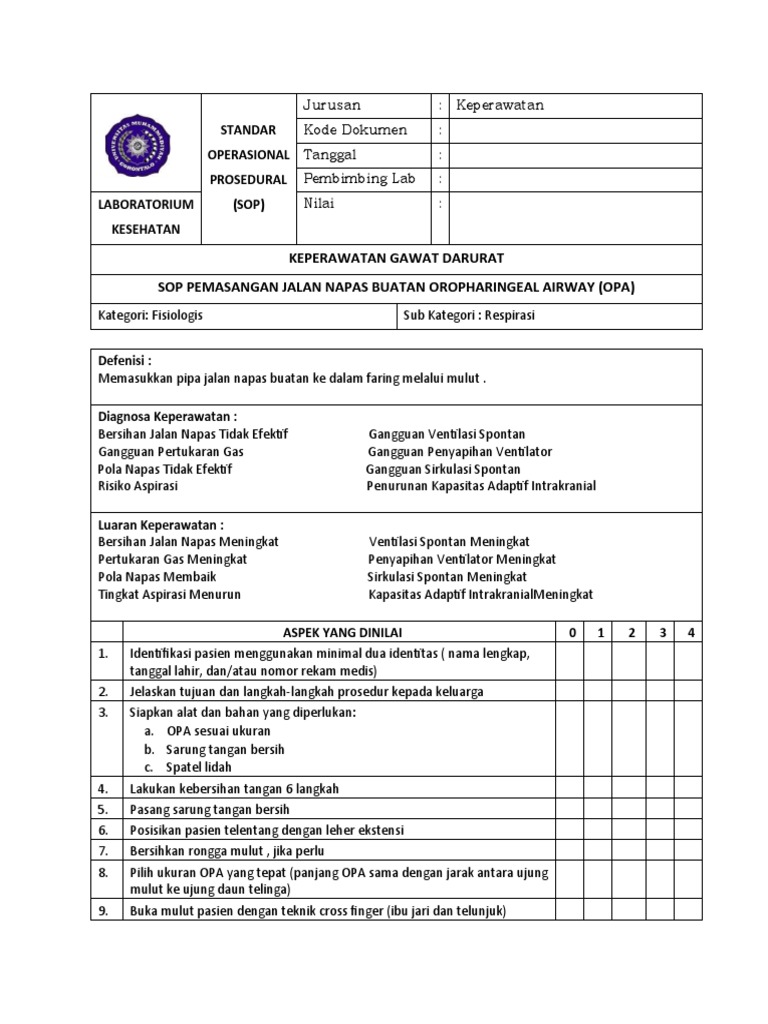 Keperawatan Gawat Darurat Sop Pemasangan Jalan Napas Buatan ...