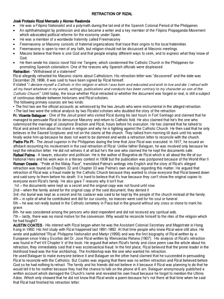 Retraction of Rizal and Cry of Rebellion | PDF