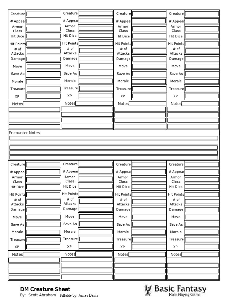 BFRPG Creature Sheet by Scott Abraham v2 Fillable | PDF