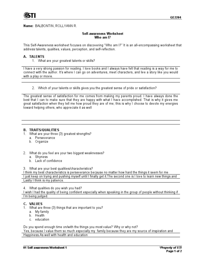 Name: Balbontin, Rollyann R. Self-Awareness Worksheet Who Am I? | PDF ...