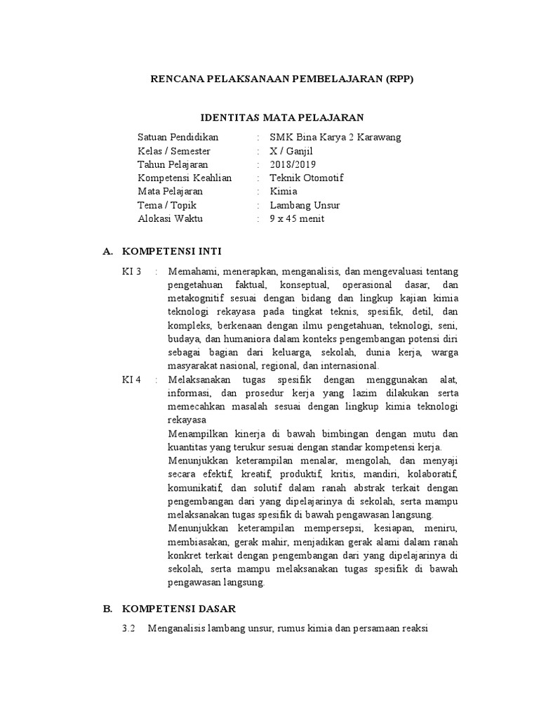 RPP Kimia Kelas X - 2 (Lambang Unsur, Persamaan Reaksi) Ok | PDF