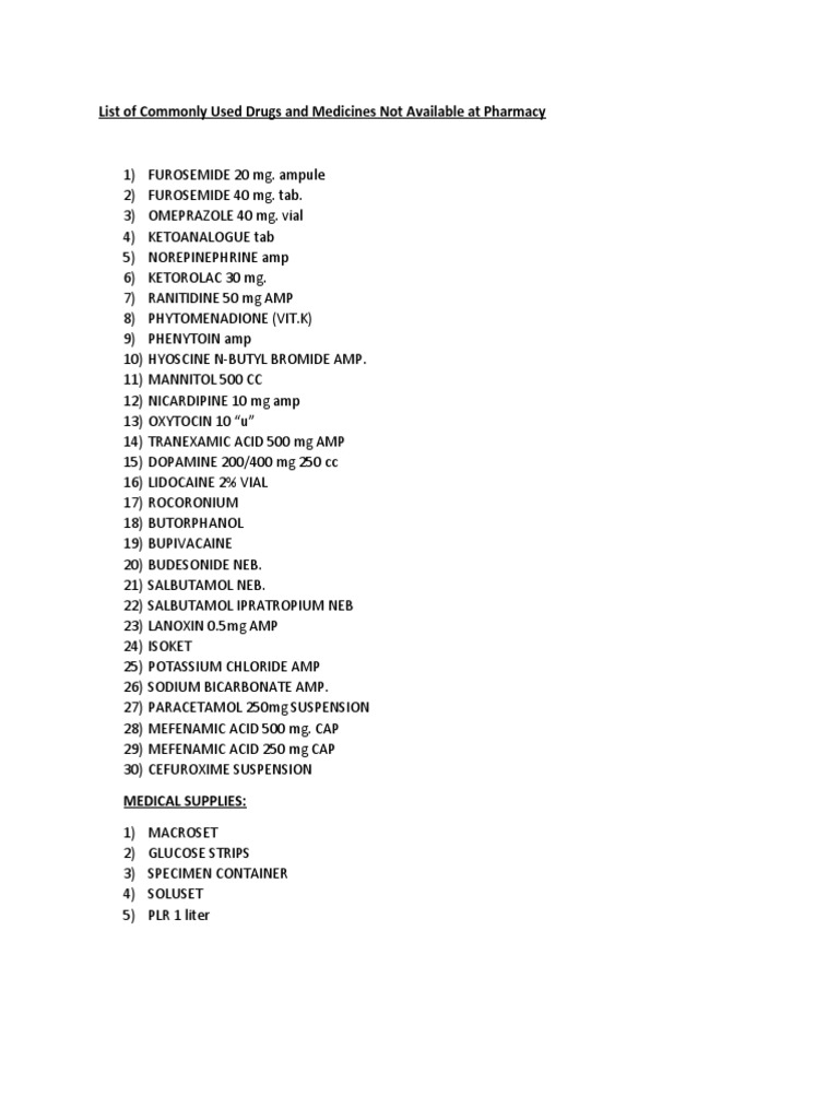 List of Commonly Used Drugs and Medicines Not Available at Pharmacy | PDF