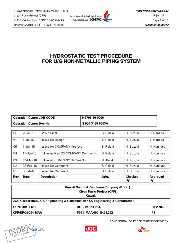 Hydrostatic Test Procedure For Ug Non-Metallic Piping System | PDF ...
