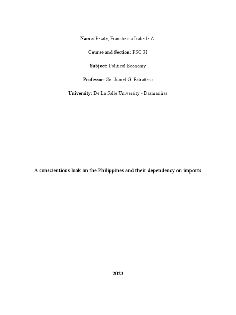 A Conscientious Look On The Philippines and Their Dependency On Imports ... A Conscientious Look On The Philippines and Their Dependency On Imports ...