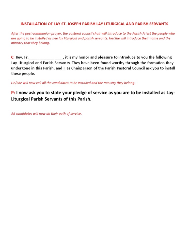 Installation of Lay St. Joseph Parish Lay Liturgical and Parish ...