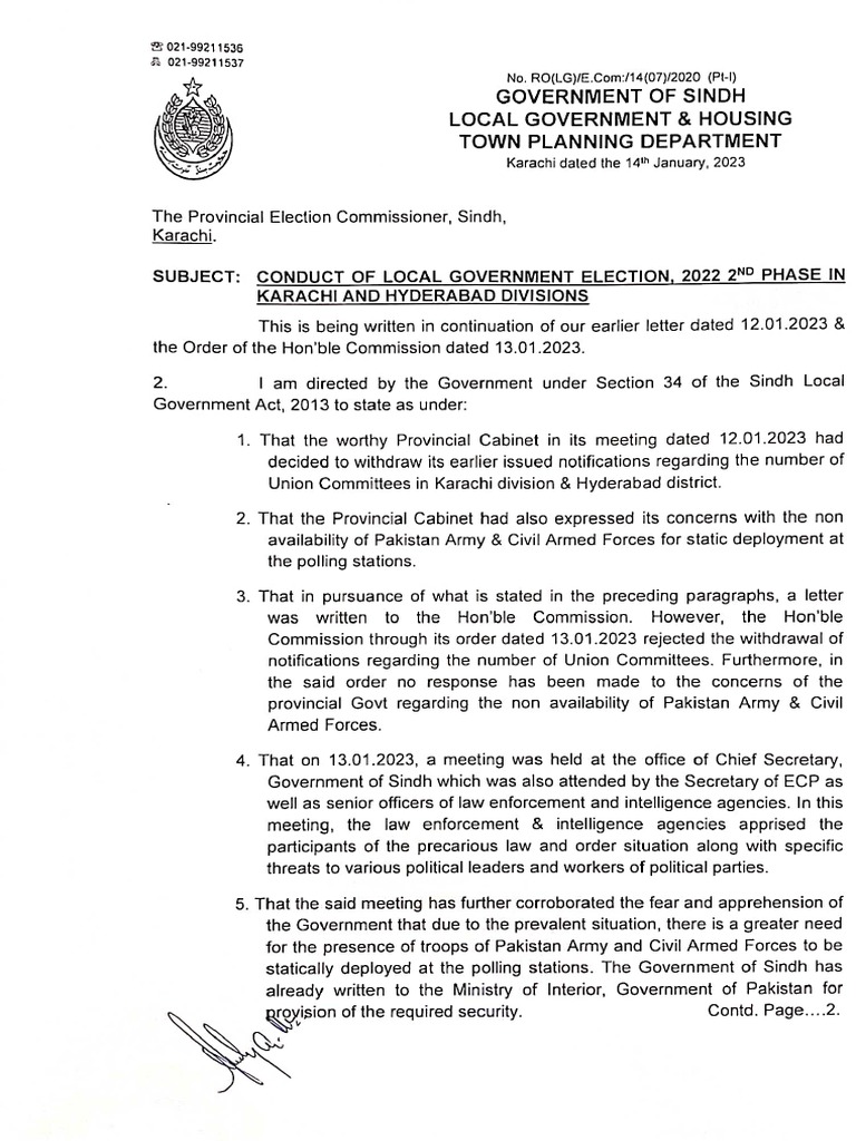 Sindh Government Letter To ECP Seeking Postponement of Karachi ...